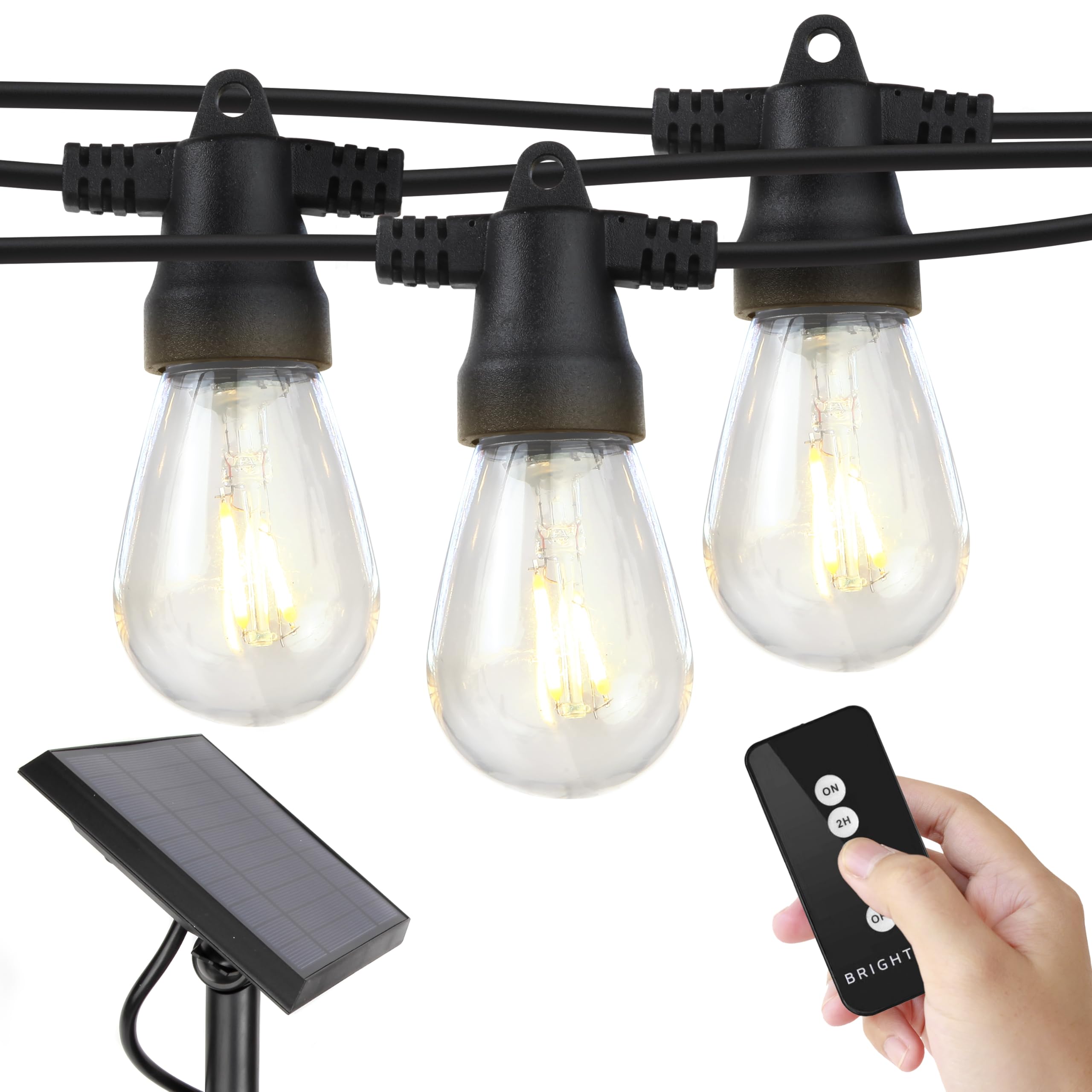 Brightech Ambience Pro – Solar Power Remote Control Outdoor String Lights with Edison Bulbs – Shatterproof, Commercial Grade LED Waterproof Patio Lights, Christmas – 1W 15 Bulbs, 3,000K, 48 ft