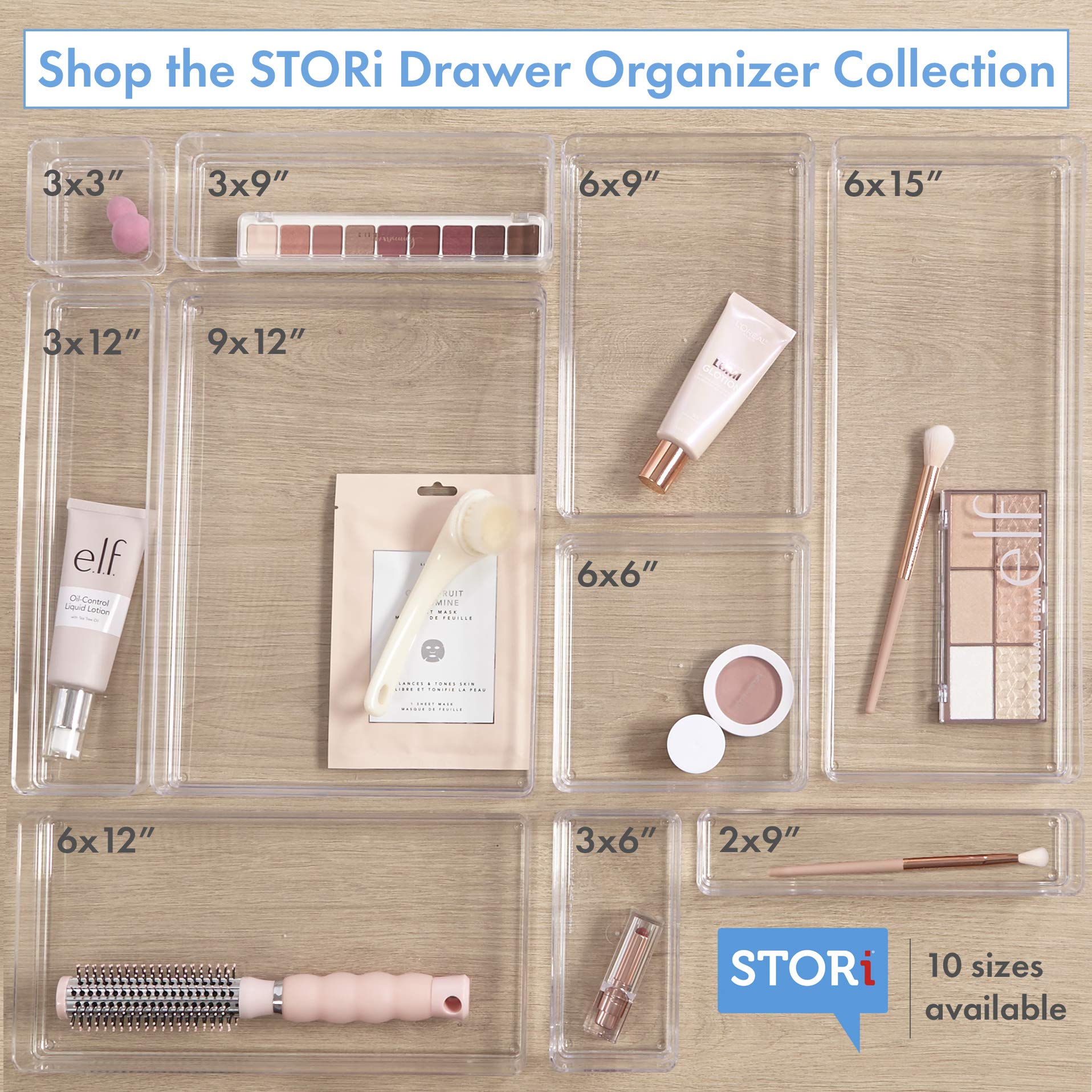 STORi SimpleSort 3-Piece Stackable Clear Drawer Organizer Set | 12" x 6" x 2" Rectangle Trays | Wide Makeup Vanity Storage Bins and Office Desk Drawer Dividers | Made in USA