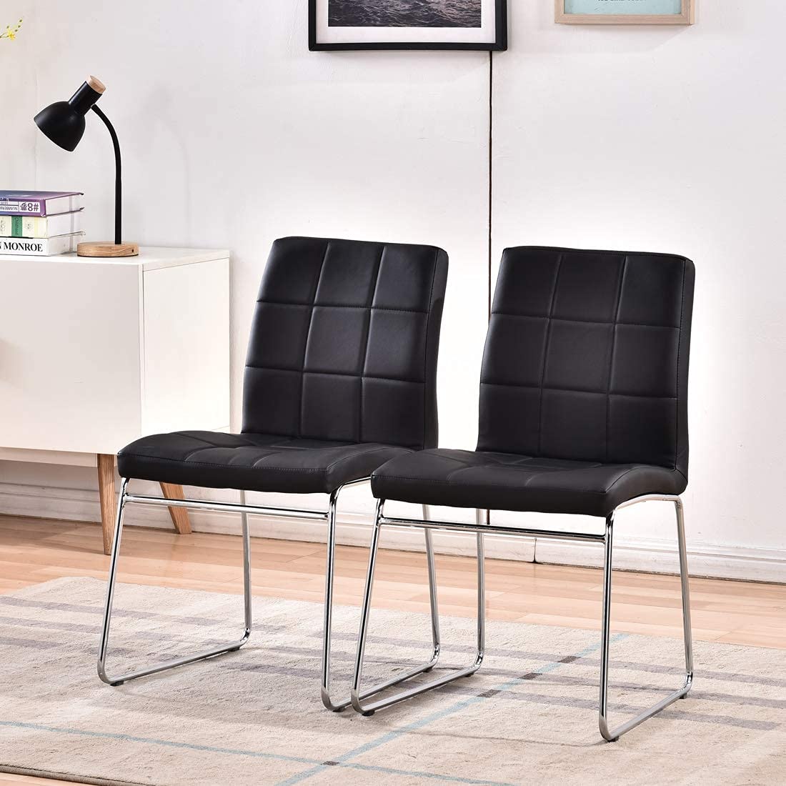 Black Dining Room Chairs Set of 2, Modern Accent Kitchen Chairs with Faux Leather Soft Padded Back in Checkered Pattern and Chrome Legs, Comfortable Side Chair for Indoor Use:Living Room Waiting Room