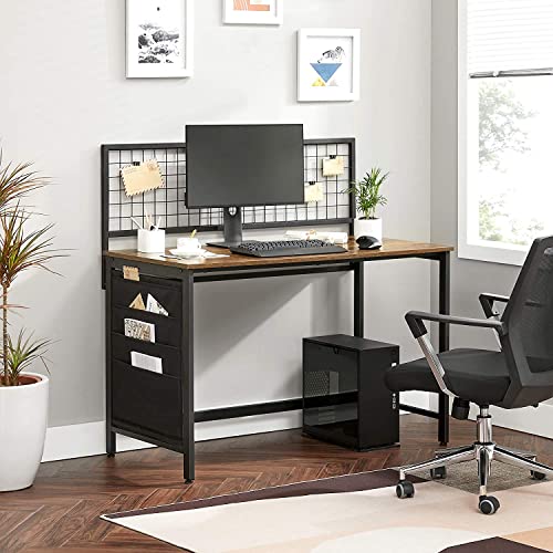 IULULU Computer Desk 47-Inch Home Office Writing Table with Grid Board, Modern Simple Study Workstation, Stable Metal Frame, Easy Assembly, Rustic Brown + Black