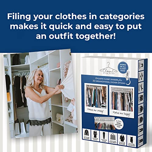 Closet Style Files Clothing Dividers - 8 Sturdy Plastic Clothing Dividers with 30 Organizational Sticker Options