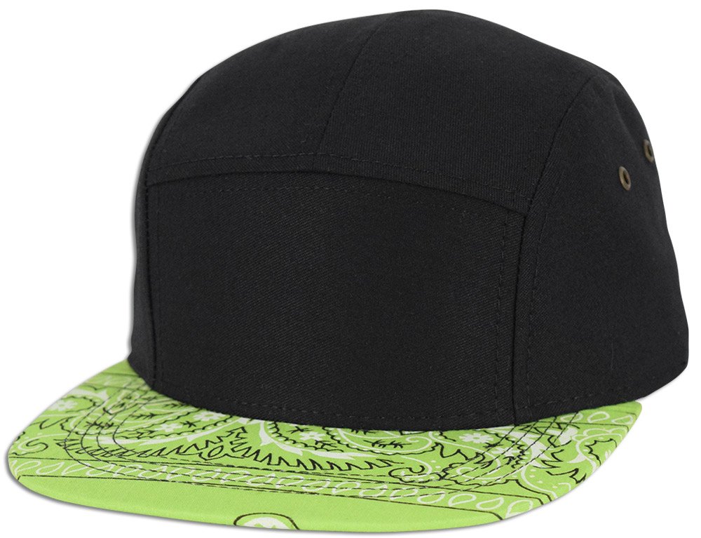 Bandana Brim Paisley Money Camouflage Camper 5 Panel Strapback Buckle Hat Cap (Black/Lime Green Aisley)