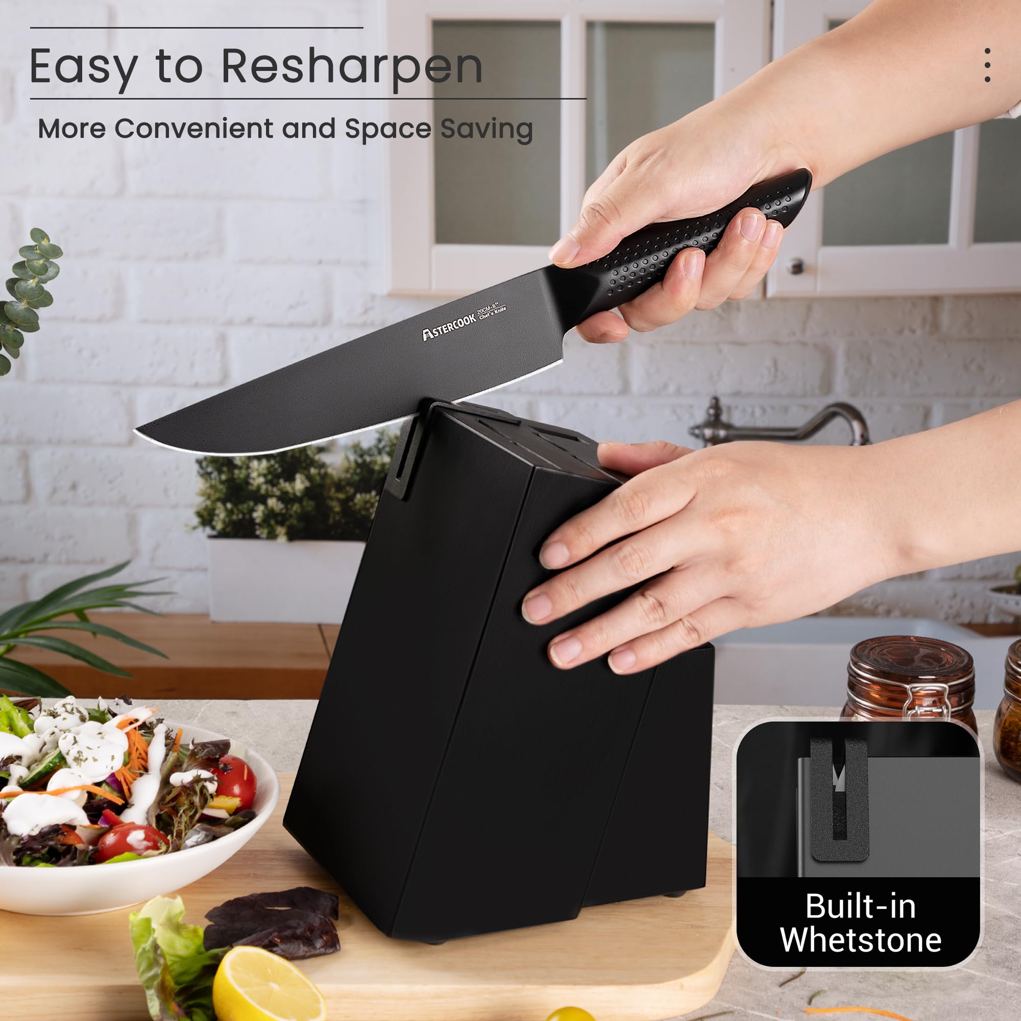 Astercook Knife Set, 15 Pieces Kitchen Knife Sets with Block and Built-in Knife Sharpener, German Stainless Steel Handle One-Piece Design Knives Block Set Dishwasher Safe, Black
