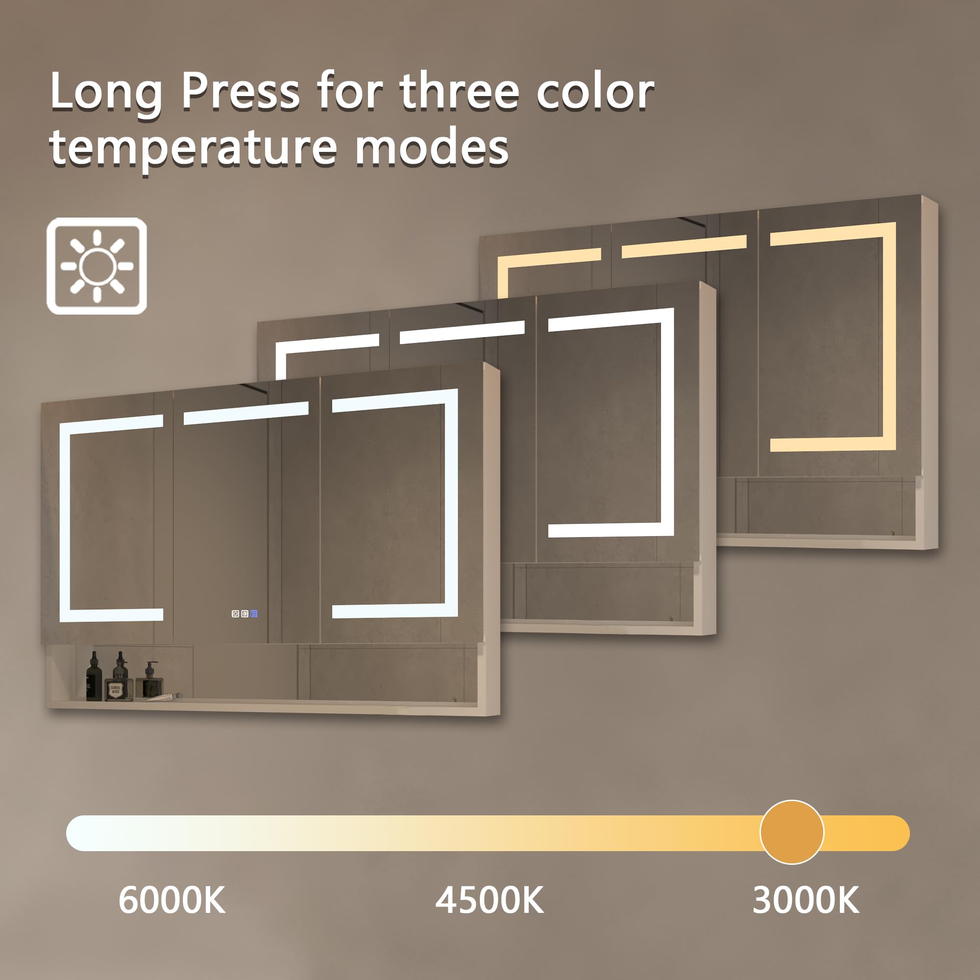cieloshinerico 48x32 Bathroom LED Mirror Medicine Cabinet, Recessed or Surface Wall Mounted Bathroom Cabinet with Storage Shelves, Smart Touch Dual Outlets and USB, 3 Door, Silver