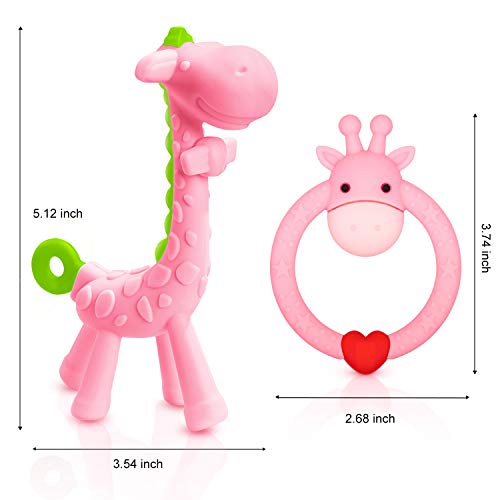 SHARE&CARE BPA Free 2 Silicone Giraffe Baby Teether Toy with Storage Case, for 3 Months Above Infant Sore Gums Pain Relief and Baby Shower, Set of 2 Different Teething Toys (Pink)