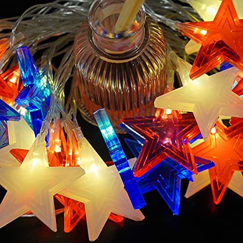 Dazzle Bright Star String Lights Decorations, 9.5 Feet 18 LED American Stars Battery Powered Red White Blue Lights, Christmas Decoration for Indoor and Outdoor