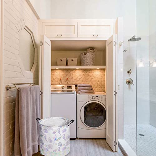 Laundry Basket Hamper with Handles, Beach Themed Waterproof Laundry Bin Foldable Clothes Basket for Storage Toys and Clothing Ocean Shells Starfish Illustraction 13.8x17 Inch