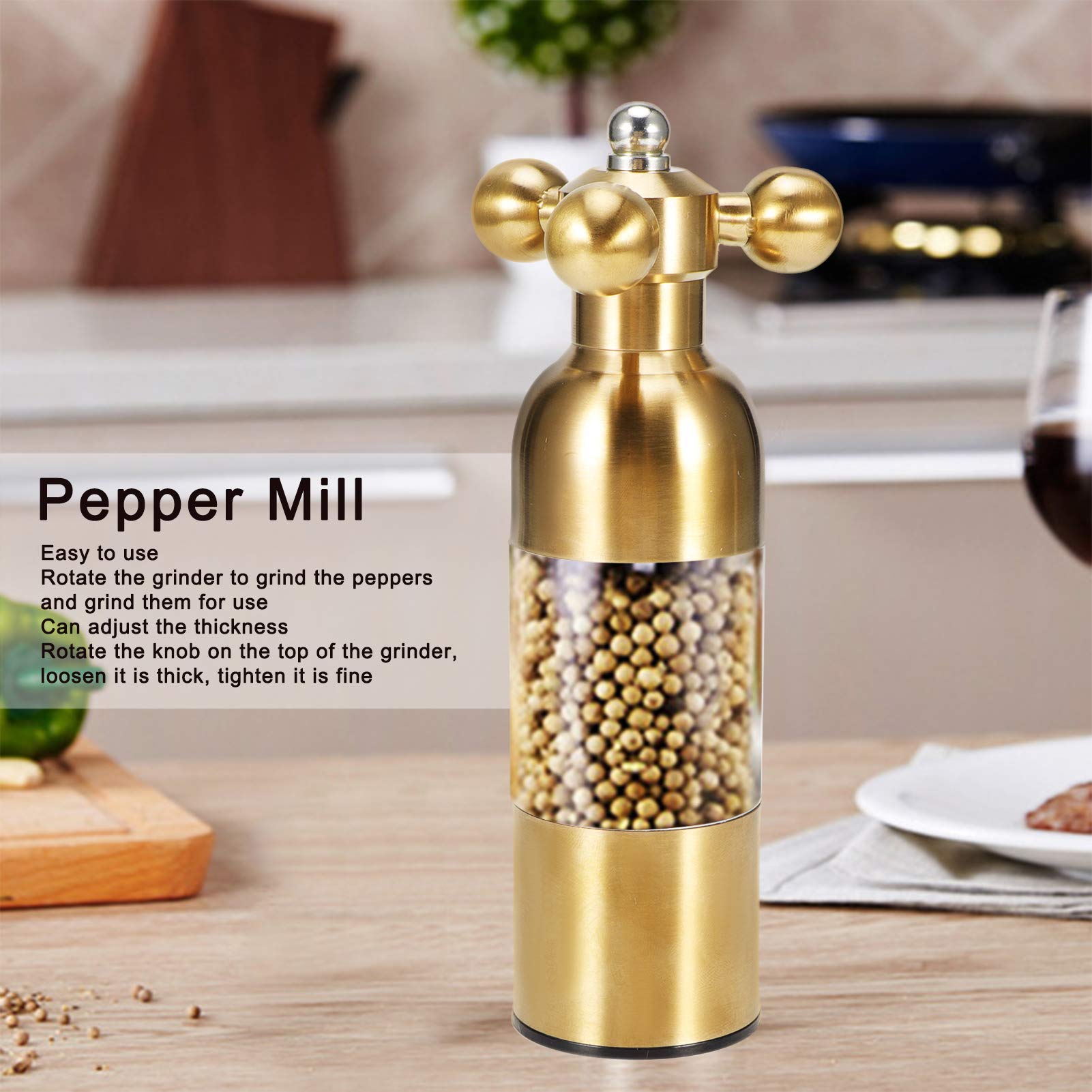 BORDSTRACT Pepper Grinder, Stainless Steel Salt and Pepper Grinder Salt Spice Mill Adjustable Coarseness Grinder, Seasoning Grinding Kitchen Tool for Cooking Gold)