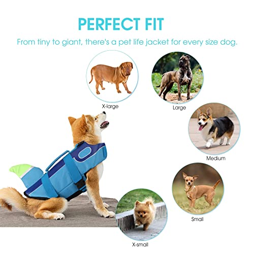 DEENKK Shark Dog Life Jacket Coat Pet Floatation Vests Adjustable Lifesaver Safety Swimsuit Preserver with Rescue Handle for Small Medium Large Dogs Swimming Boating, Blue, M