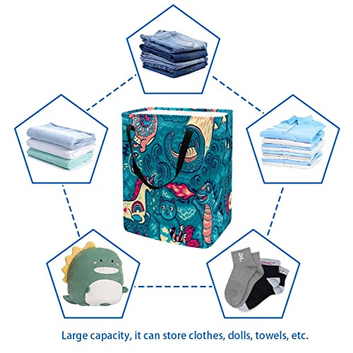 Dinosaur Sloth Unicorn and Cat Print Collapsible Laundry Hamper, 60L Waterproof Laundry Baskets Washing Bin Clothes Toys Storage for Dorm Bathroom Bedroom