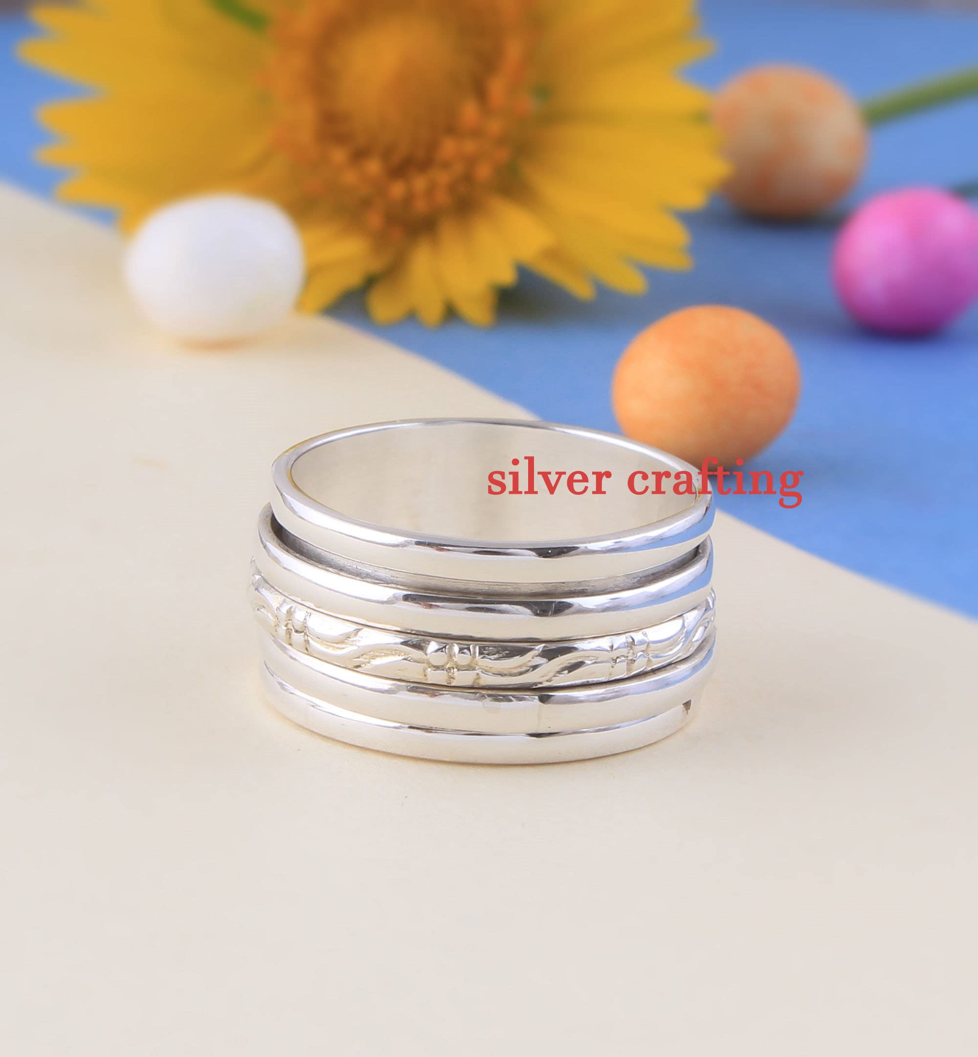 Beautiful 925 Sterling Silver Spinner Ring, Designer Hand Carver Spin Ring, Thumb Ring, Meditation Ring, (7.5)