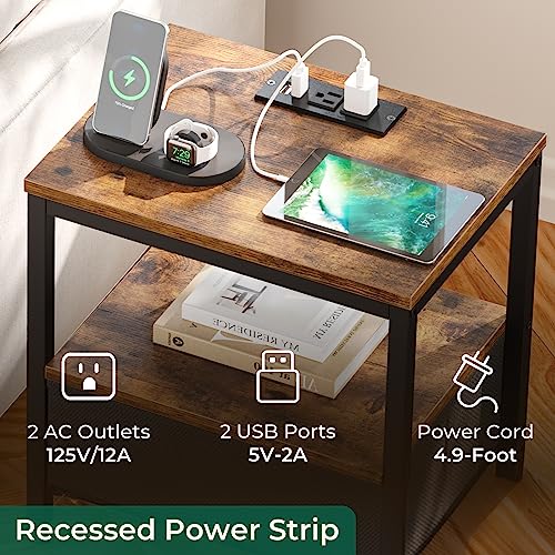 Huuger Nightstand with Charging Station, Side Table with Fabric Drawers, End Table with Open Shelf, Bedside Table with USB Ports and Outlets, Night Stand for Bedroom, Rustic Brown