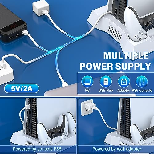 DBEPANK Stand and Cooling Station with Dual Controller Charging Station for PS5 Vertical Stand with Headset Holder for PS5 Accessories for Playstation 5 Console Cooling Fan Stand White