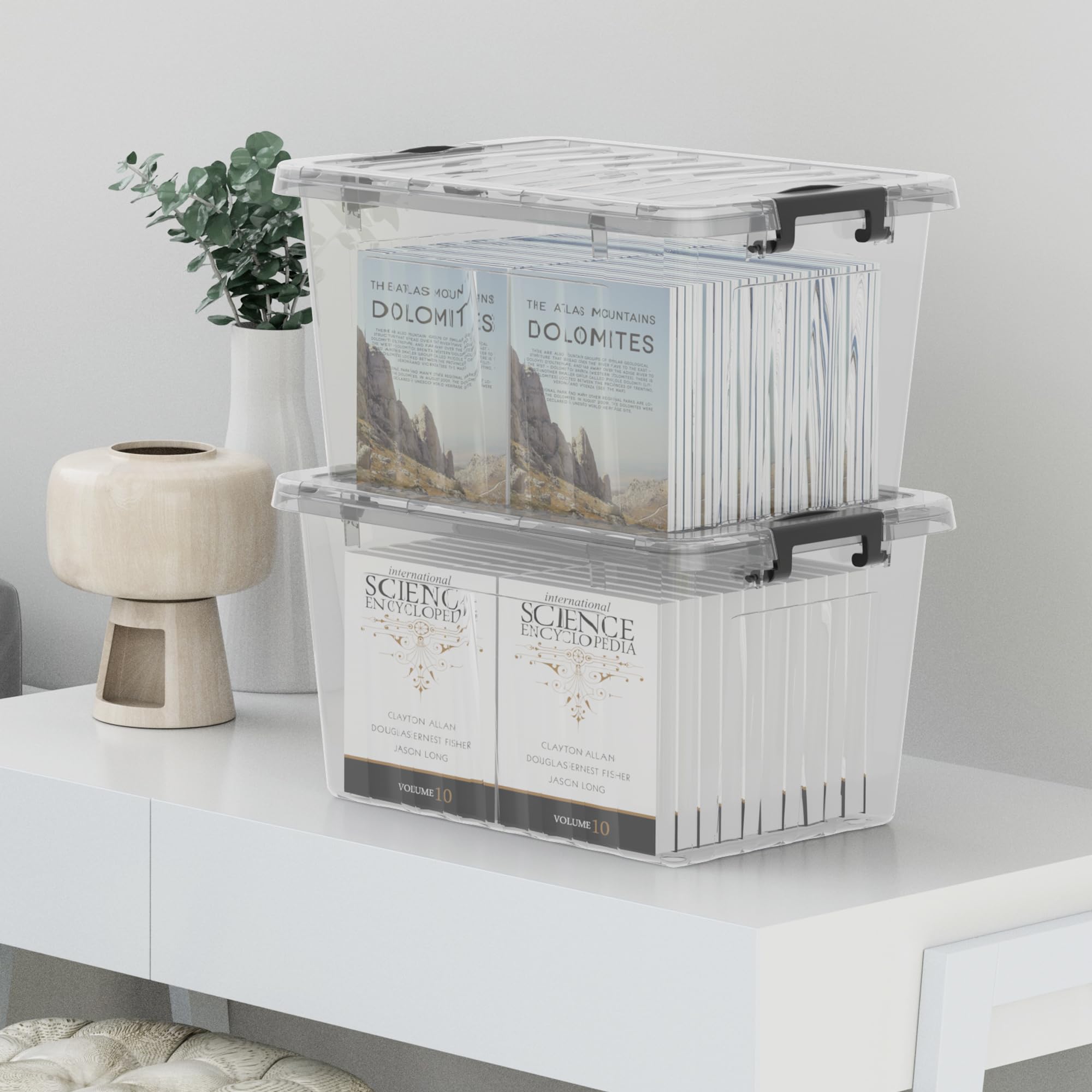 Cetomo 18Qt*4 Plastic Storage Bins, Storage Box, 4 Pack, Organizing Container with Durable Lid and Secure Clips, Stackable and Nestable, Clear with Black Buckle