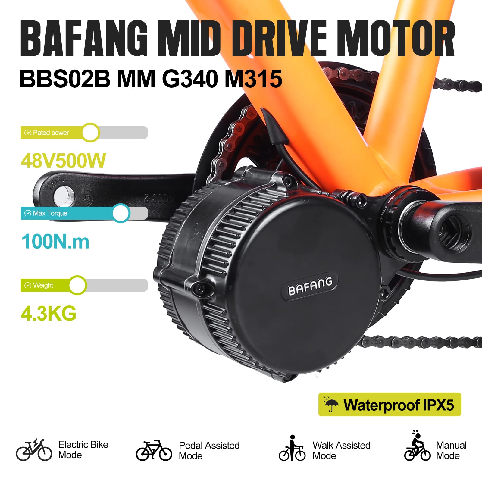 BAFANG Electric Bike Motor Kit Mid Drive BBS02B 48V 500W Bicycle Conversion Kit Ebike fit with BB68-73mm MTB Commuter Bikes with Optional Hailong Shark battery & Rear Rack Battery with Charger