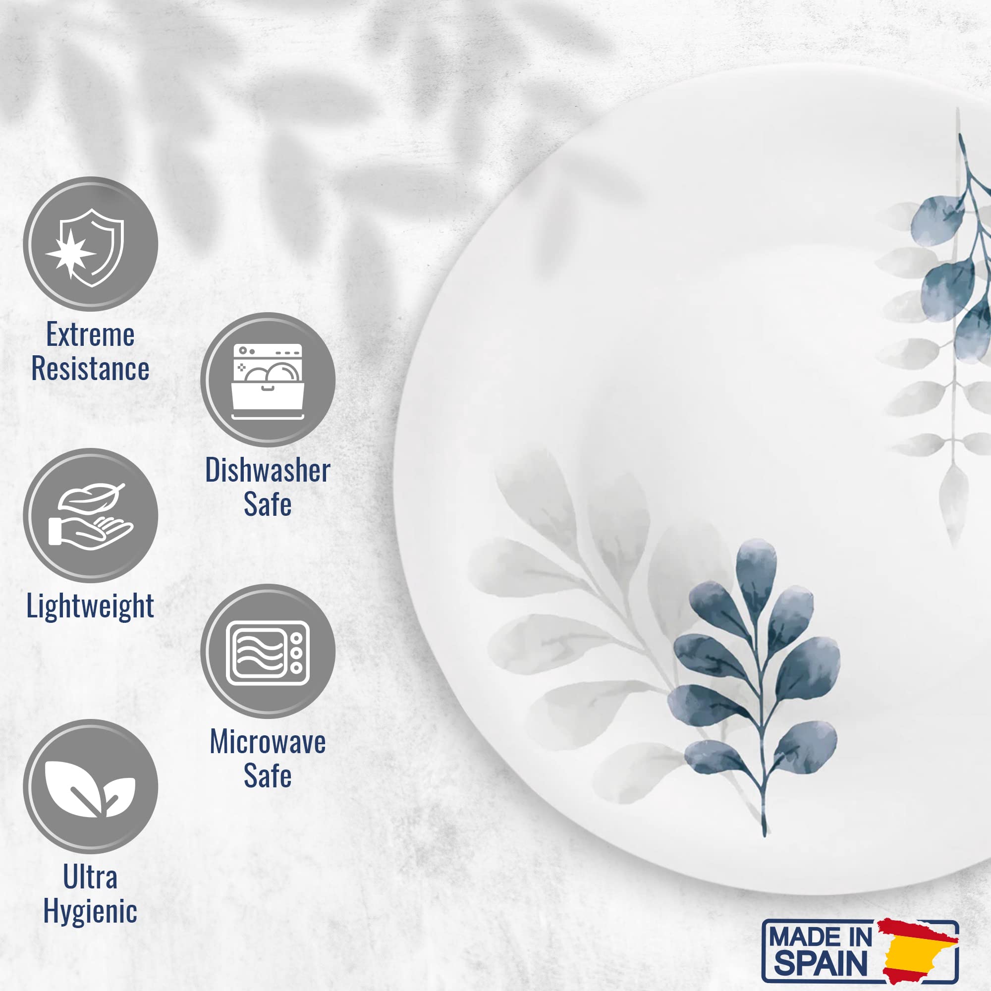 Bormioli Rocco Set Of 6, White Moon Botanica Blue 9 Inch Pasta Bowls Tempered Opal Glass Dishes, Dishwasher & Microwave Safe, Made In Spain.