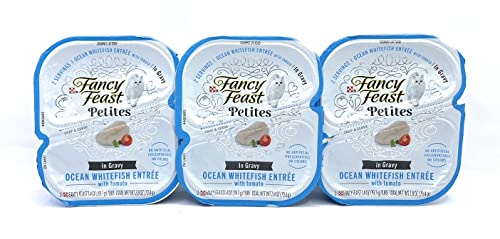 Fancy Feast Petites Cat Food Ocean Whitefish Flavor Bundle Includes (3) Each: Ocean Whitefish & Tuna Pate (2.8 oz), Ocean Whitefish with Tomato in Gravy(2.8 oz) & Catnip Toy
