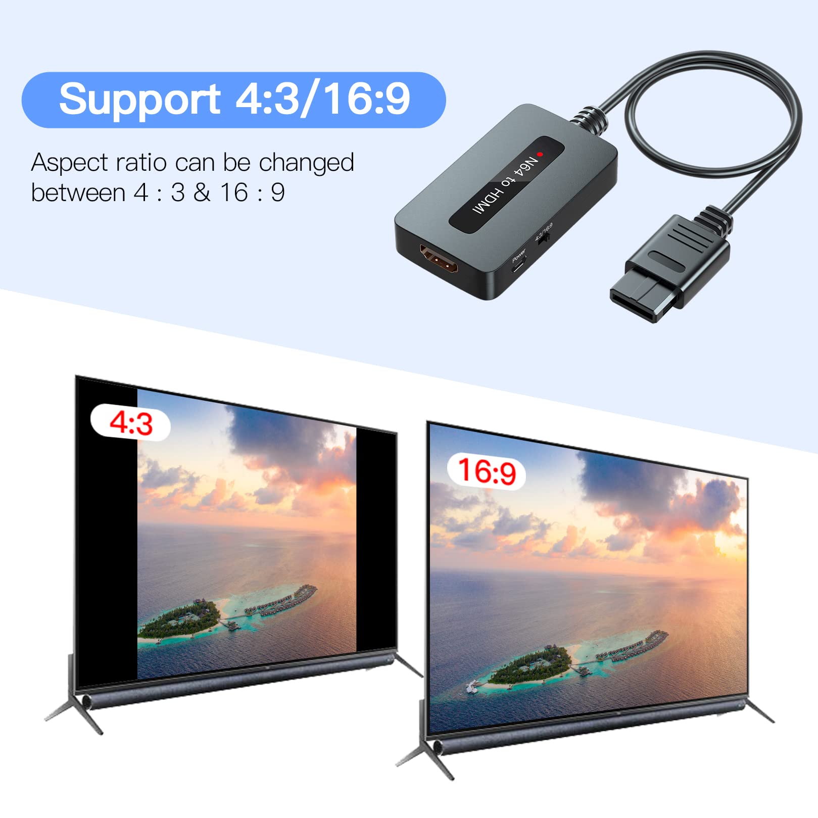 N64 to HDMI Converter, Supports 4 : 3/16 : 9 Ratio Switch, HDMI Cable for N64, Nintendo64 to HDMI Converter Cable Compatible with Nintendo 64/ Super SNES/NGC
