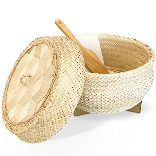 PANWA Handmade 100% Natural Thai Bamboo Sticky Rice “Electric Cooker Steamer Set”, Small Pot Insert ~ 6.5 Inch, Hewn Reed Wicker Woven Lid, 16’’ Cheesecloth Filter, and Wooden Spoon
