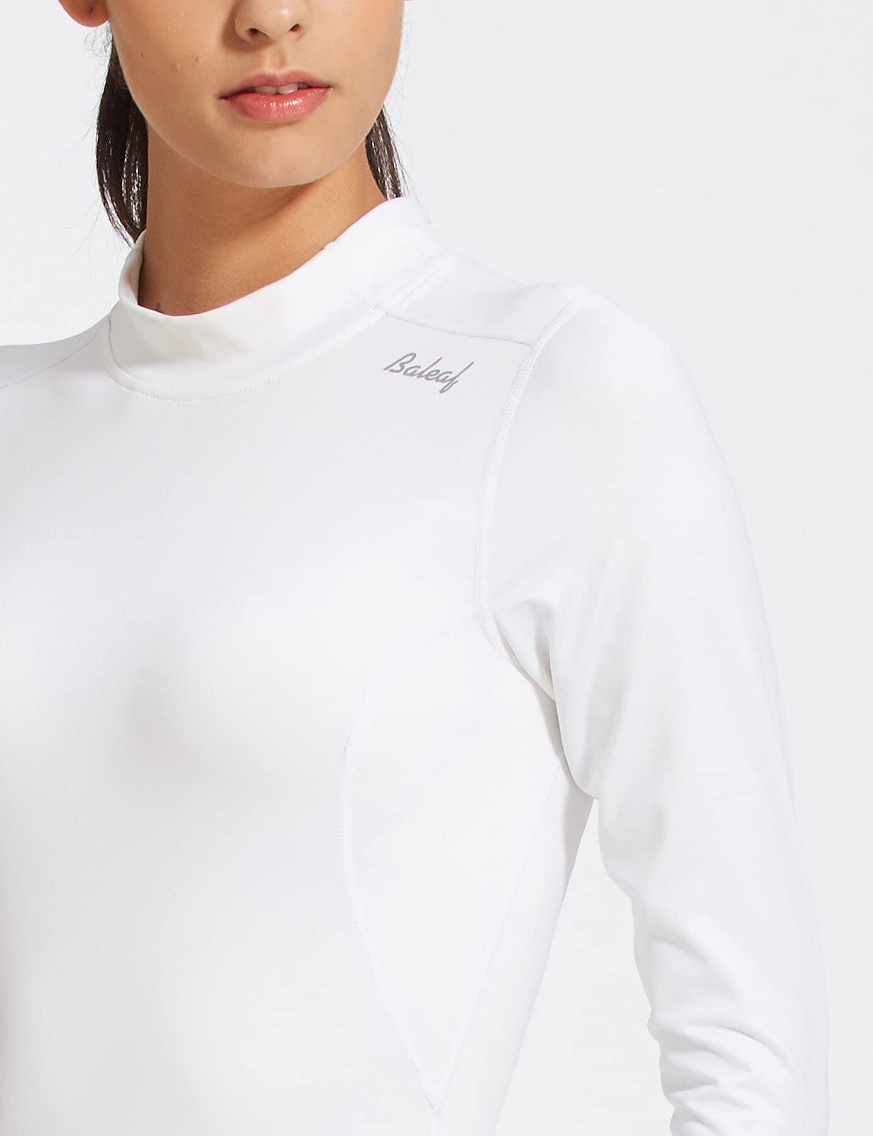 BALEAF Thermal Long Sleeve Running Shirt Women Workout Tops Gym Clothes Mock Neck Fleece Hiking Skiing Base Layer for Winter Cold Weather White L