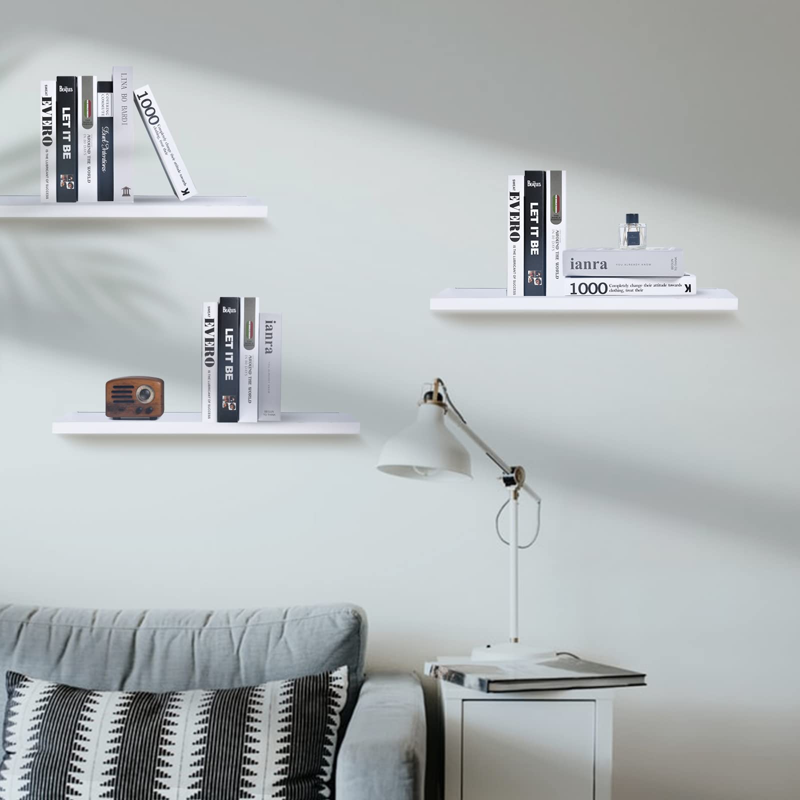 CHANGE MOORE Floating Shelves for Wall Set of 3 Easily Wall Mounted Wood Storage Shelves Hanging Shelf for Bedroom, Bathroom, Living Room, Kitchen, Office White