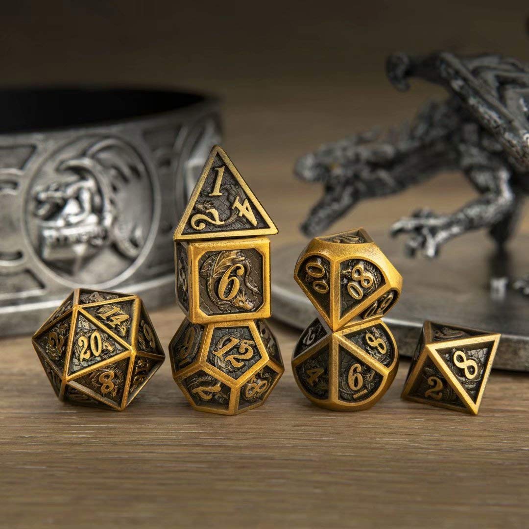 HYMGHO Polyhedral Metal DND Dice Set with Metal Box, 7-die Engraved Dragon Design with Dragon Scales RPG dice, Dungeons and Dragons Pathfinder Shadowrun D&D Role Palying Game(Ancient Gold)