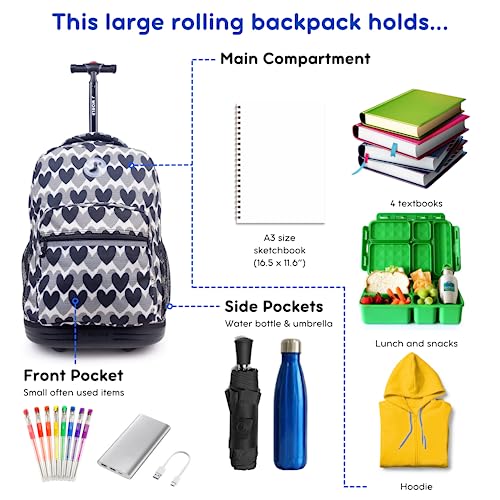 J World Sunrise Rolling Backpack. Roller Bag with Wheels, Heart Dot