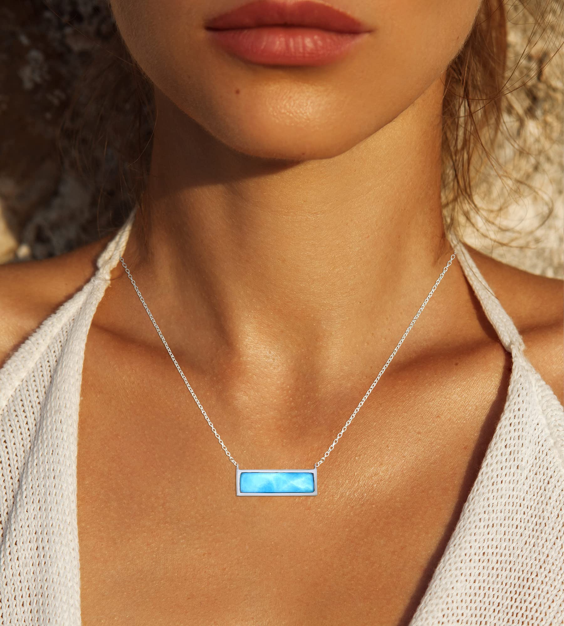 Beaux Bijoux Sterling Silver Natural Larimar Bar Necklace Blue Dainty Necklace for Women