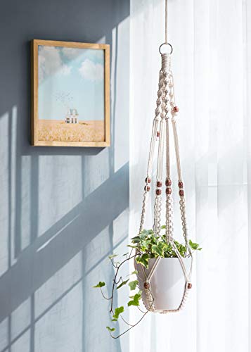 Mkono Macrame Plant Hanger Indoor Outdoor Hanging Planter Basket Cotton Rope with Beads 35 Inch