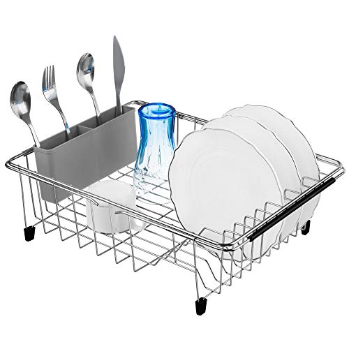 iPEGTOP Expandable Deep & Large Dish Drying Rack, Over The Sink, in Sink Or On Counter Dish Drainer Basket Shelf with Grey Removable Utensil Silverware Holder, Rustproof Stainless Steel