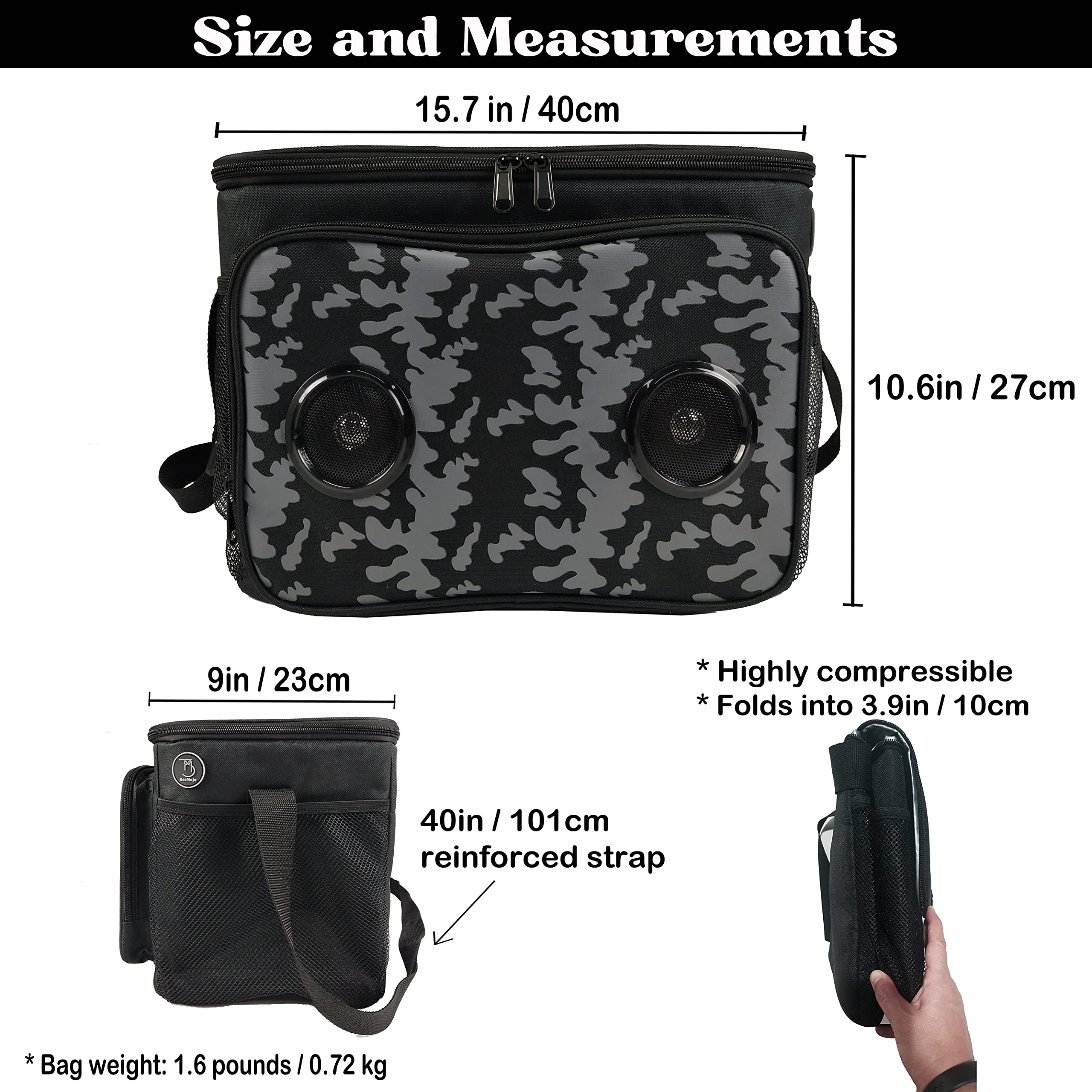 Beemojo Insulated Cooler Bag Bluetooth Speakers 24 cans 2 gallons Food Drinks | Rechargeable Battery Supports iOS & Android | Leakproof Foldable Travel Camping Hiking