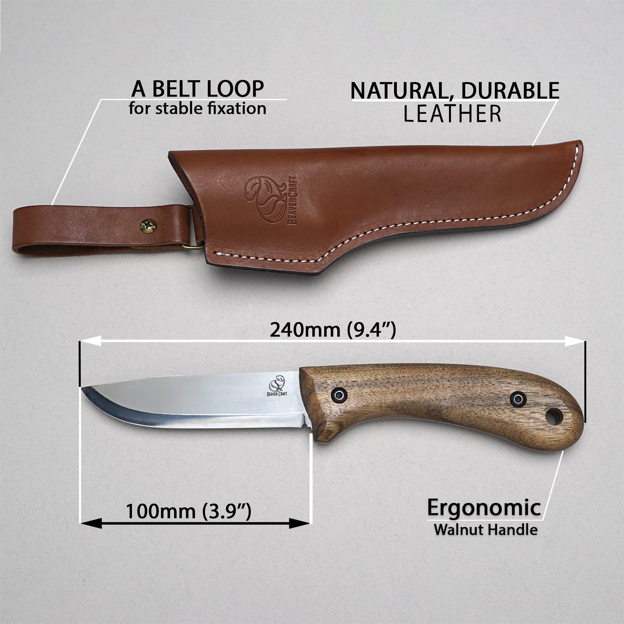 BeaverCraft BSH2 Bushcraft Knife Steel Blade β Fixed Blade Knife β Camping Knife Survival Knife Full Tang β Hiking Knife for Every Task β Camp Knife with Sheath
