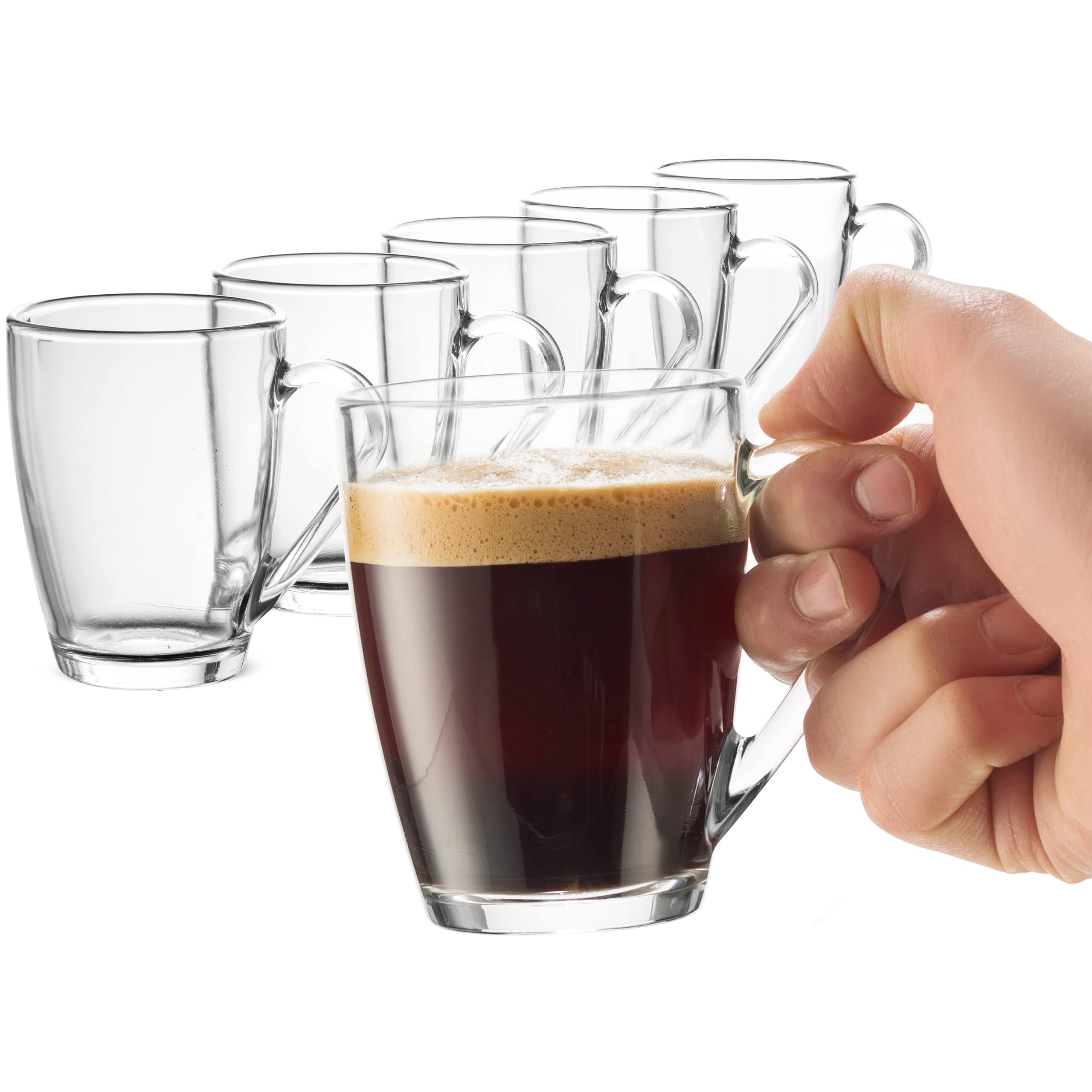 Bormioli Rocco Glass Coffee Mug Set, (6 Pack) 10ΒΎ Ounce with Convenient Handle, Tea Glasses for Hot/Cold Beverages, Thermal Shock Resistant, Tempered Glass, for Cappuccino, Latte, Espresso, clear.