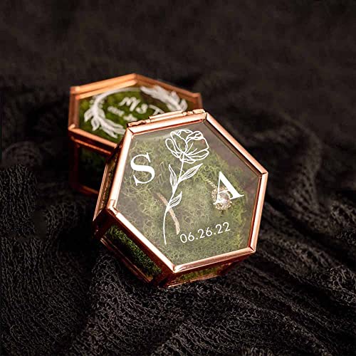 Getname Necklace Custom Hexagon Glass Ring Box with Moss for Wedding Ceremony Birthday Engagement Ring Box for Proposal Bearer Box with Names & Initials Ring Holder Jewelry Ring Boxes Organizer