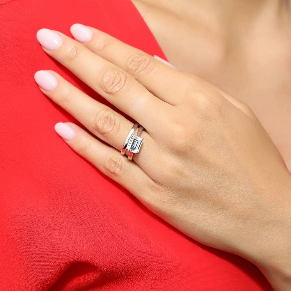 BERRICLE Sterling Silver East-West Wedding Engagement Rings Cubic Zirconia CZ Solitaire Ring Set for Women, Rhodium Plated Size 6