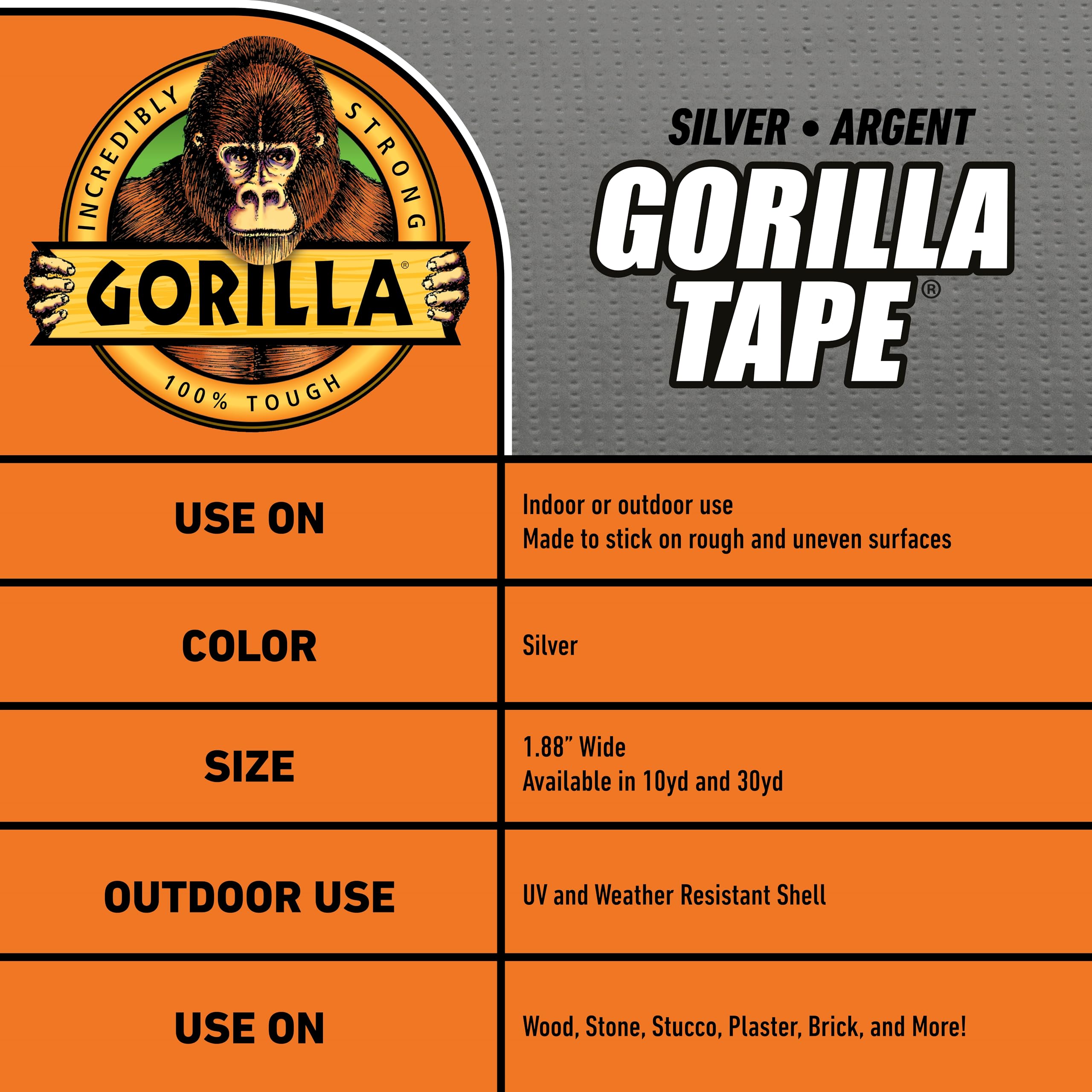 Gorilla Tape, 1.88 in x 10 yd, Silver (Pack of 1) - Duct, Utility, Triple Layer Strength, Indoor & Outdoor, Weather Resistant Shell