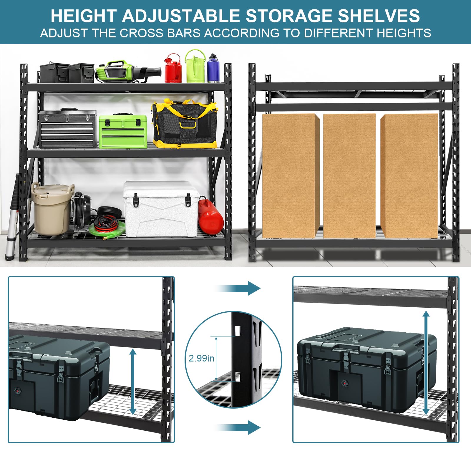 Garage Storage Shelves - Heavy Duty 72”H x 77”W x 24”D Adjustable 3-Tier Metal Shelving Rack, 6000LBS Capacity - Ideal Garage Shelving for Storage Solutions
