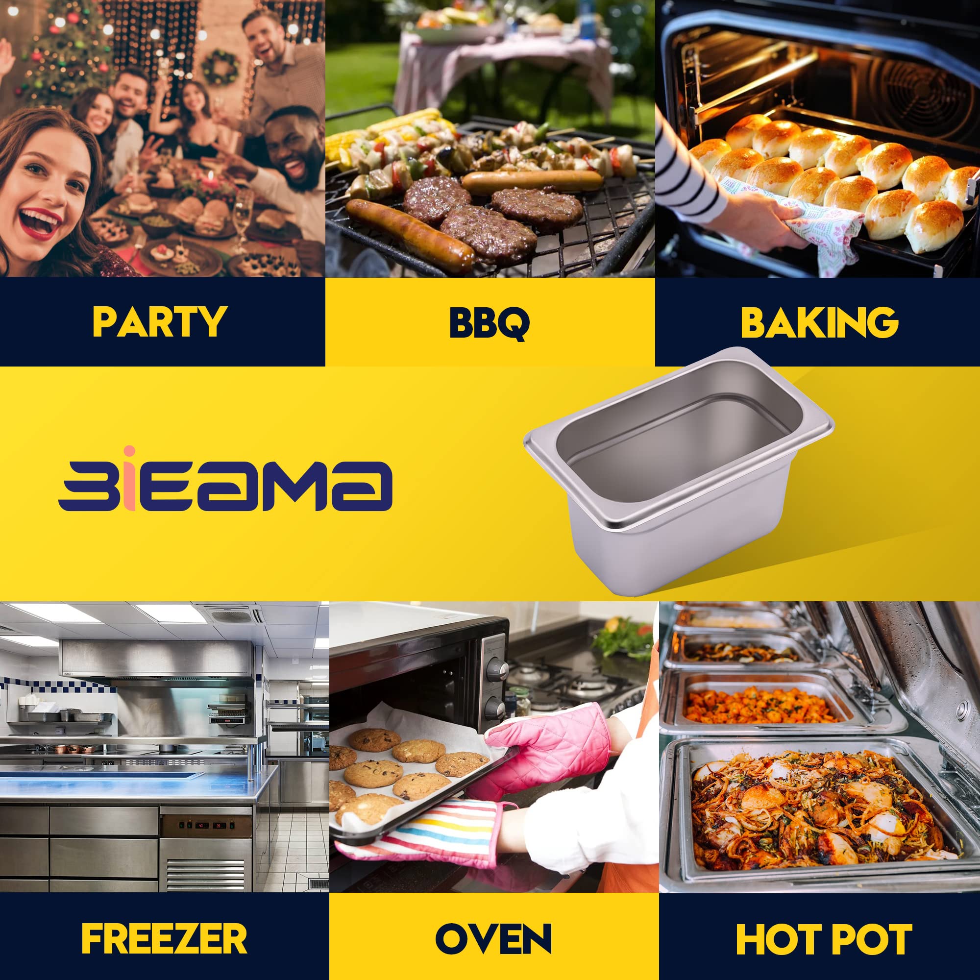 BIEAMA 6-Pack Hotel Pans with Lid, 1/4 Size 6" Deep, NSF, Catering Food Pan, Commercial Stainless Steel Pan with Cover
