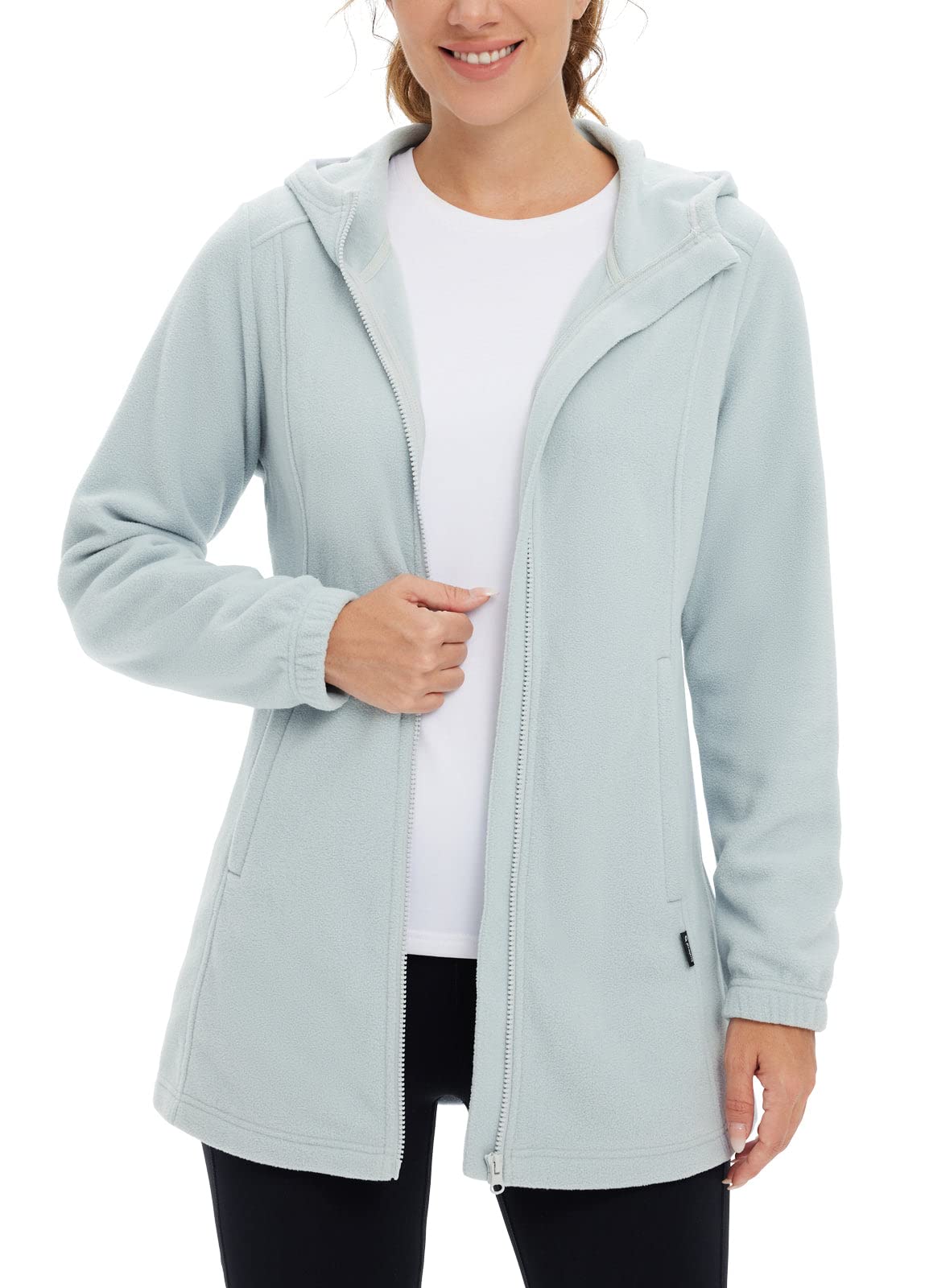 BALEAF Women's Long Fleece Jacket Full Zip Polar Fleece Hoodie Soft Lightweight Winter Coat Light Grey L