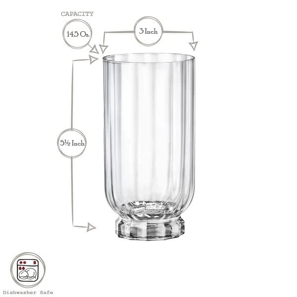 Bormioli Rocco Florian 14.5 oz. Highball Cocktail Beverage Drinking Glasses, Clear, Set of 4
