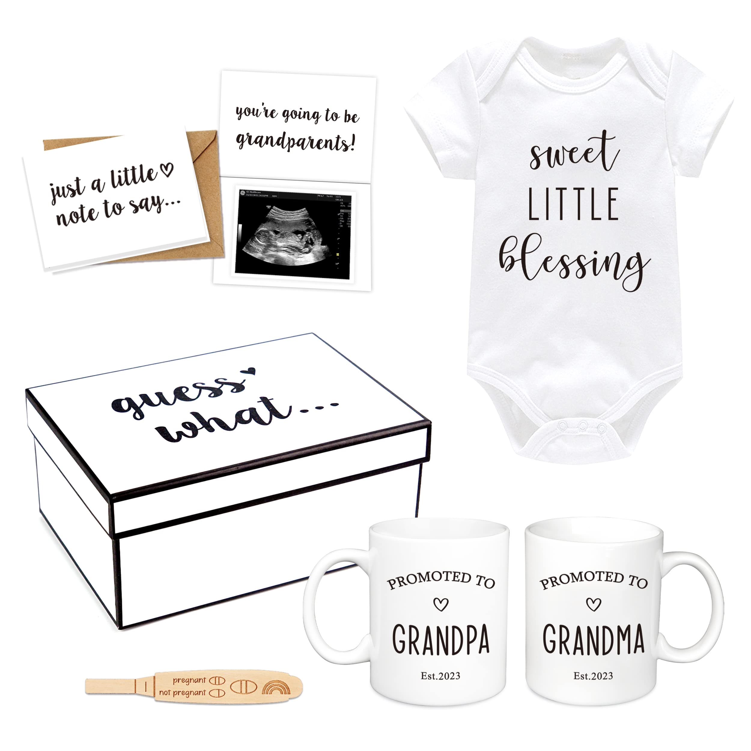 Blinking Stars Grandparents Baby Announcement Set - Includes Coffee Mug, Onesie, Positive Pregnancy Test, Reveal Card, and Gift Box