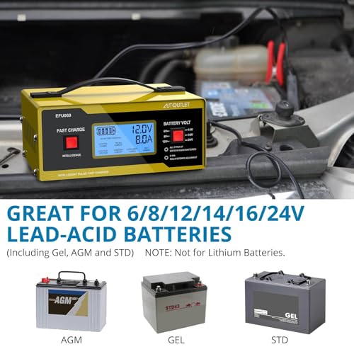 AUTOUTLET 6/8/12/14/16/24V Battery Charger Automotive Smart Car Battery Charger and Trickle Maintainer 0-10A Fully Automatic with Cable Clamps