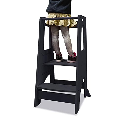 MOAMUN Wooden Step Stool for Kids, Adjustable Height Toddler Learning Helper Tower with Handle, Solid Wood Step Stool for Kitchen,Bathroom,Bedroom (Black)