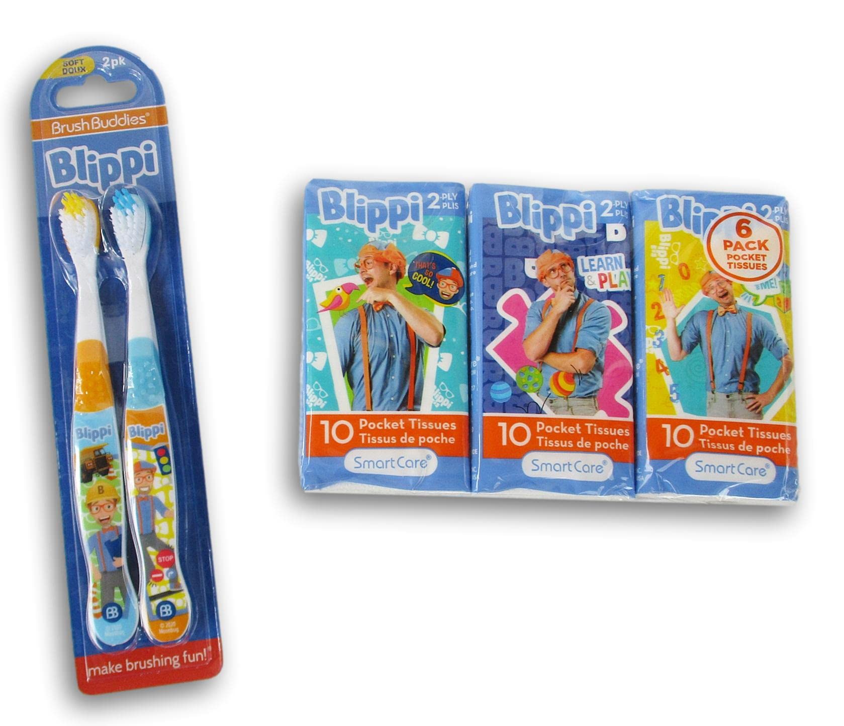 Blippi Toothbrush & Blippi Pocket Tissues Bundle - Kids Travel Kit - Soft Toothbrush 2 Count and Pocket Tissues 6 Count