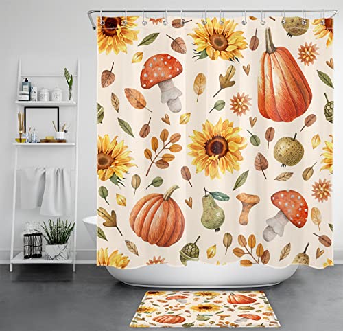 HVEST Fall Shower Curtain and Bathroom Rugs, Pumpkin Sunflower Autumn Leaf and Mushroom on Beige Shower Curtain with Bath Mat, 72X72 inches Farmhouse Fall Thanksgiving Bathroom Shower Curtain Set