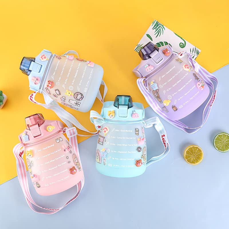 excvalues Kawaii Water Bottle with Strap, Large Capacity Cute Water Bottles with 3D Stickers, Portable Big Belly Bottle for School Outdoor Camping(Pink)