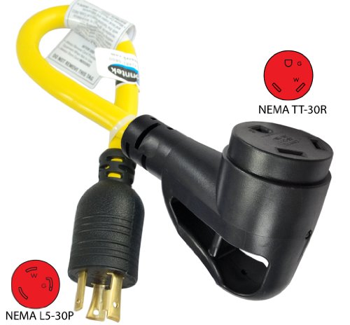 Conntek 15825 1.5-Feet, 30-Amp RV Generator Adapter for Model L5-30P Locking Plug to RV 30-Amp Ergo Grip Connector with Power Indicator