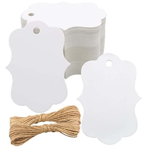 joycraft 100Pcs White Paper Blank Gift Tags,Double-Sided Blank Favor Tags with String,Personalized Price Waved Craft Hang Tags for Gift Wrapping,Wedding,Merchandise and DIY Project(2.75" x 1.97")