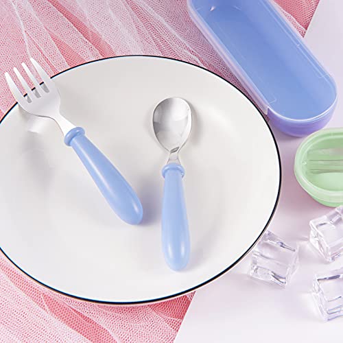 Kirecoo 4 Pieces Toddler Utensils Stainless Steel Baby Forks and Spoons Silverware Set Kids Silverware Children's Flatware Kids Cutlery Set with Travel Carrying Cases for Lunch Box (Blue&Green)