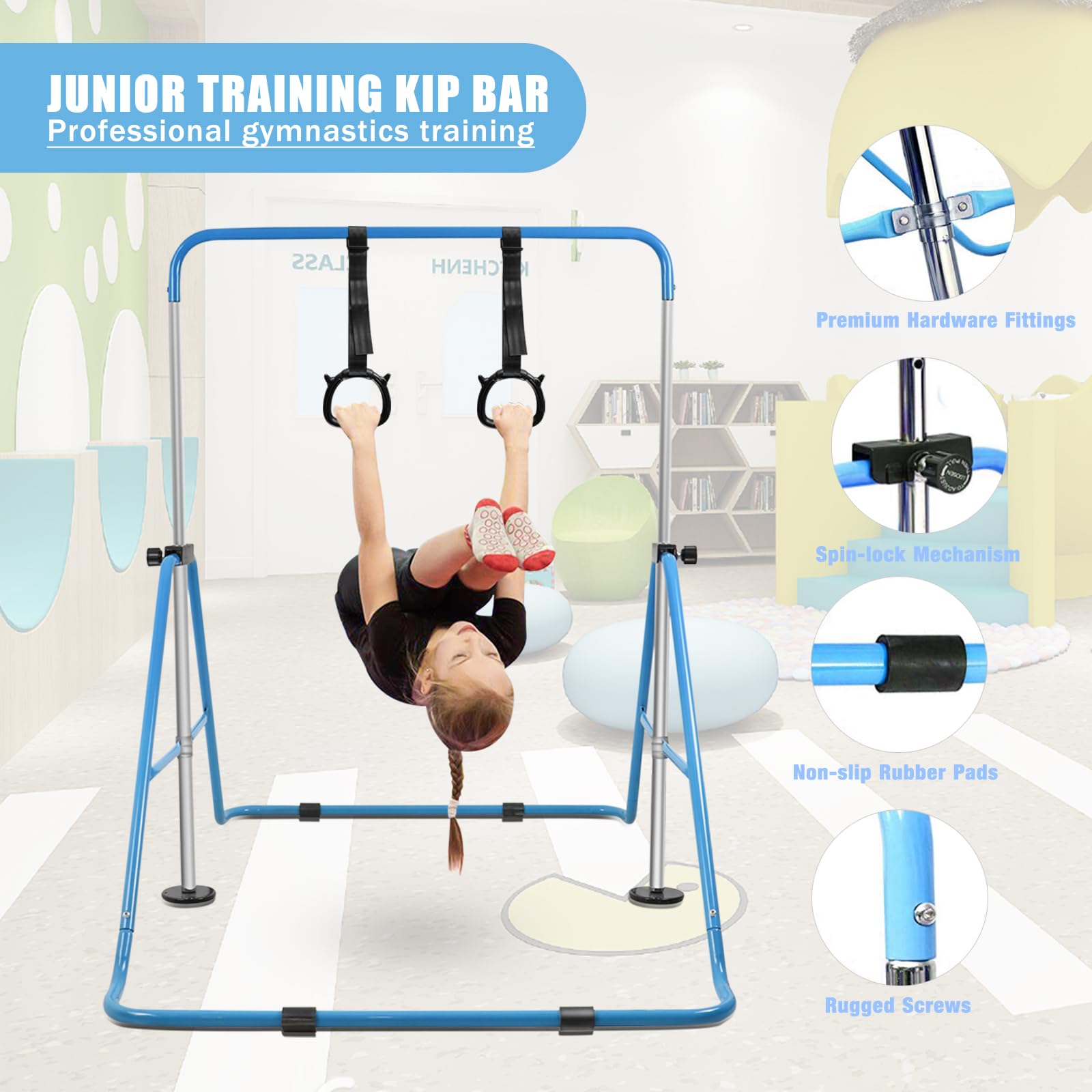 BEEYEO Kids Gymnastics Bar for Home Expandable Adjustable Height Junior Gymnastic Equipments Horizontal Bars Training Kip Bar Equipment for Home/Floor/Practice/Gymnastics (Pink)